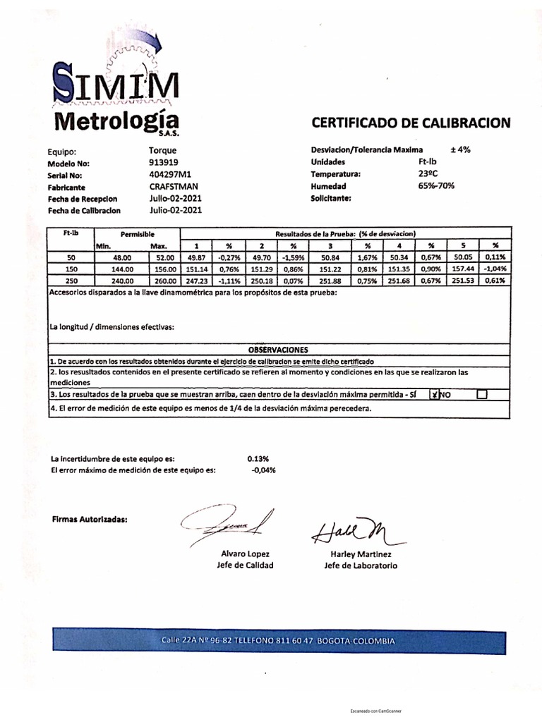 Certificado de Calibracion Torque 913919 | PDF