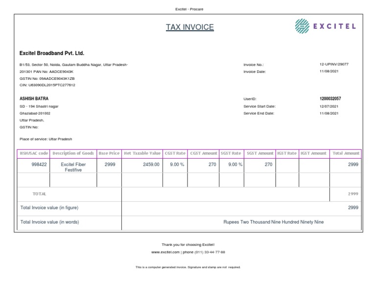 Excitel Broadband Tax Invoice Details | PDF | Public Law | Economies