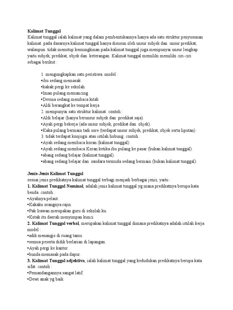Pengertian dan Contoh Kalimat Tunggal | PDF | Seni & Disiplin Bahasa