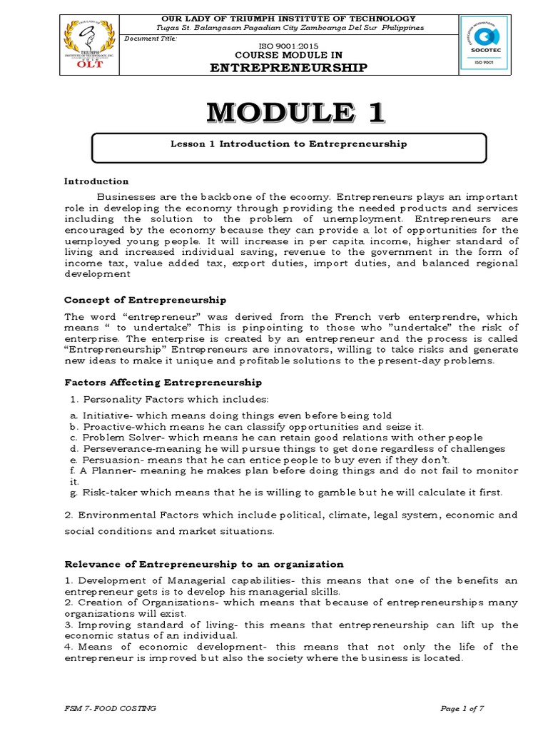 Entrep MODULE 1 | PDF | Entrepreneurship | Procurement
