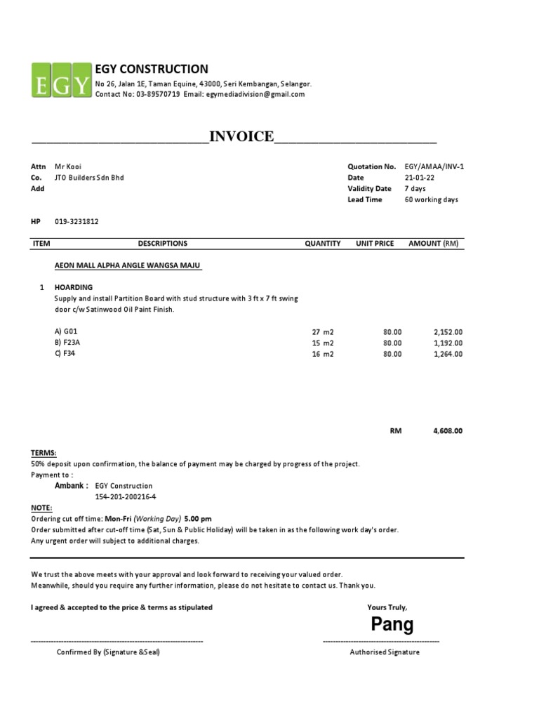 EGY Construction Invoice for Partition Board Installation at Aeon Mall ...