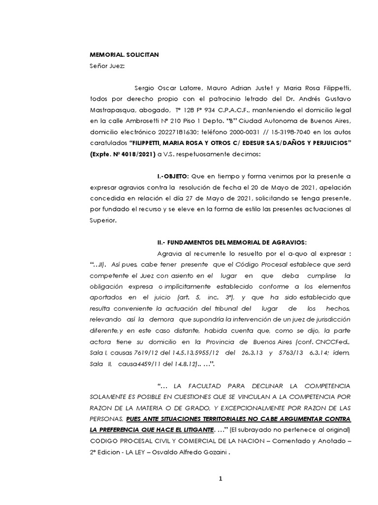 Memorial Justificando La Prórroga de Competencia Territorial | PDF ...