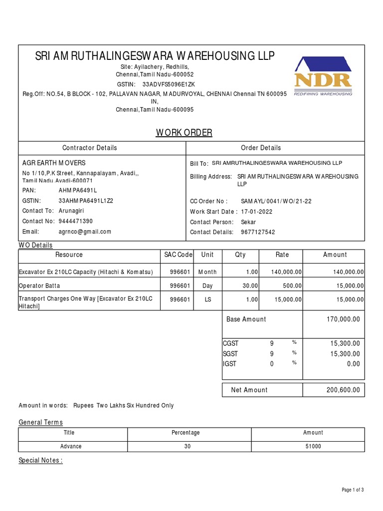 BSF-WO-AGR Earth Movers | Download Free PDF | Employment | Invoice
