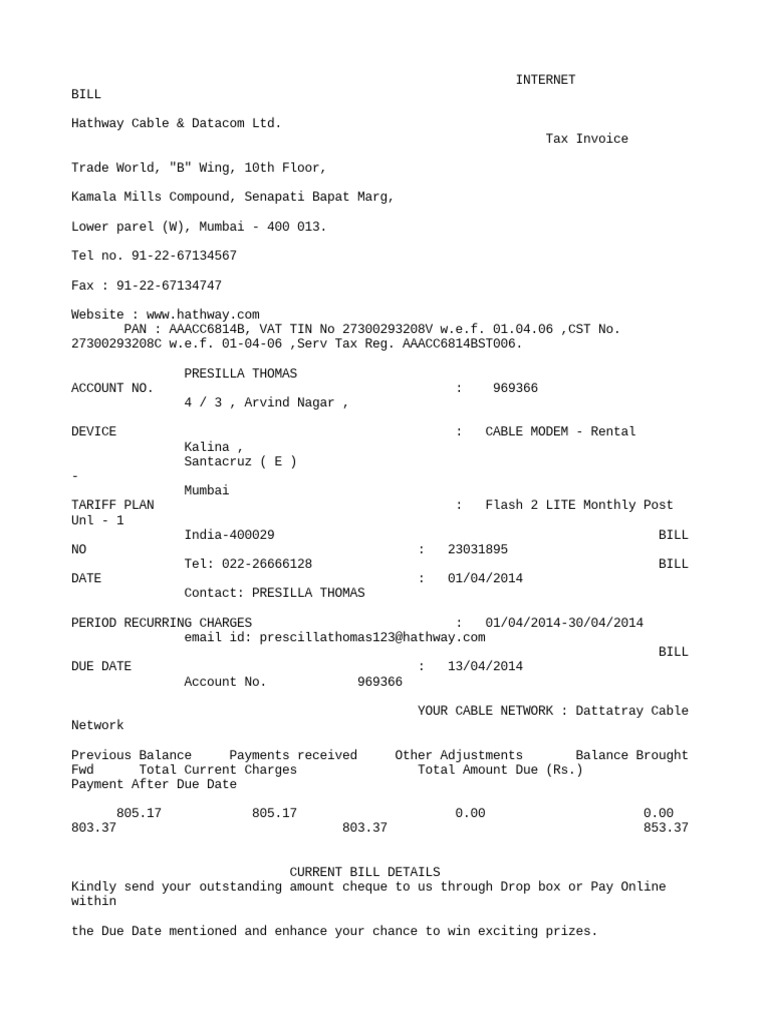Internet Bill Format Hathway PDF | Download Free PDF | Payments | Cheque