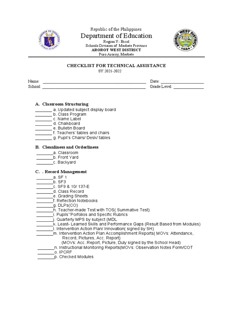 Department of Education: Checklist For Technical Assistance | Download ...