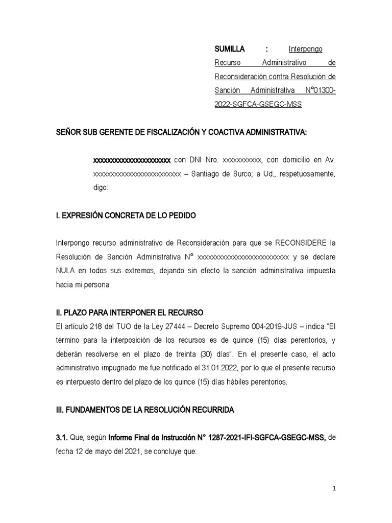 RECURSO DE RECONSIDERACIÓN - Modelo | PDF | Multa (pena) | Derecho penal