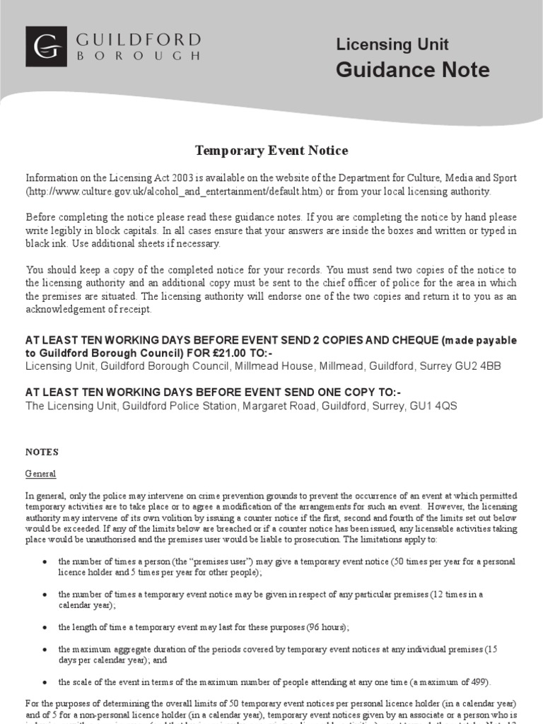 Temporary Event Notice Guidance | PDF | License | Government Information