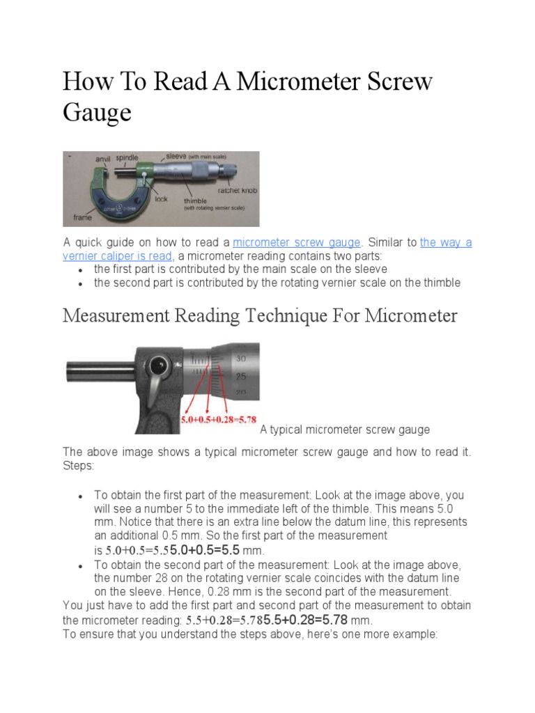 How To Read A Micrometer Screw Gauge and Vernier Calipers | PDF | Metrology