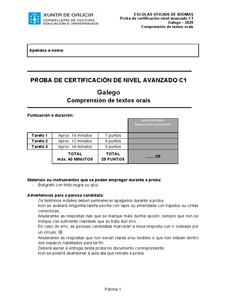 Galego: Proba de Certificación de Nivel Avanzado C1 | PDF