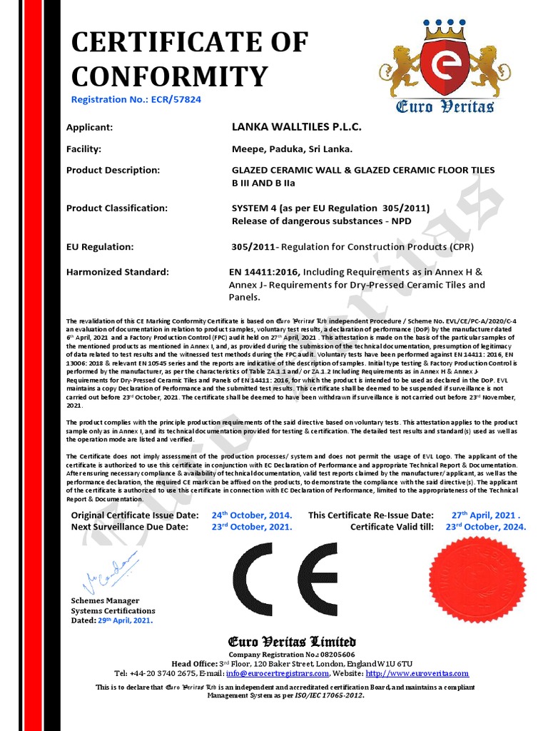 CE Mark Certificate 2021 Lanka Wall Tile | PDF