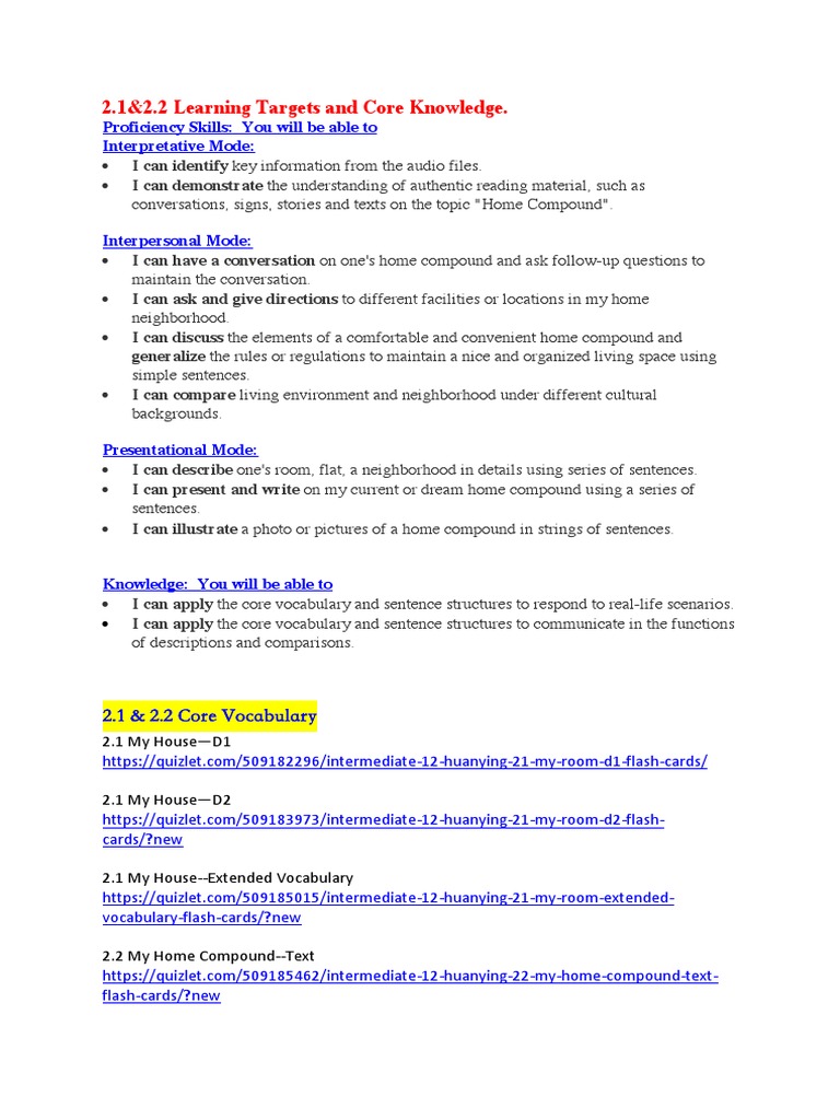 Learning Targets for Home Compound Skills | PDF | Verb | Subject (Grammar)