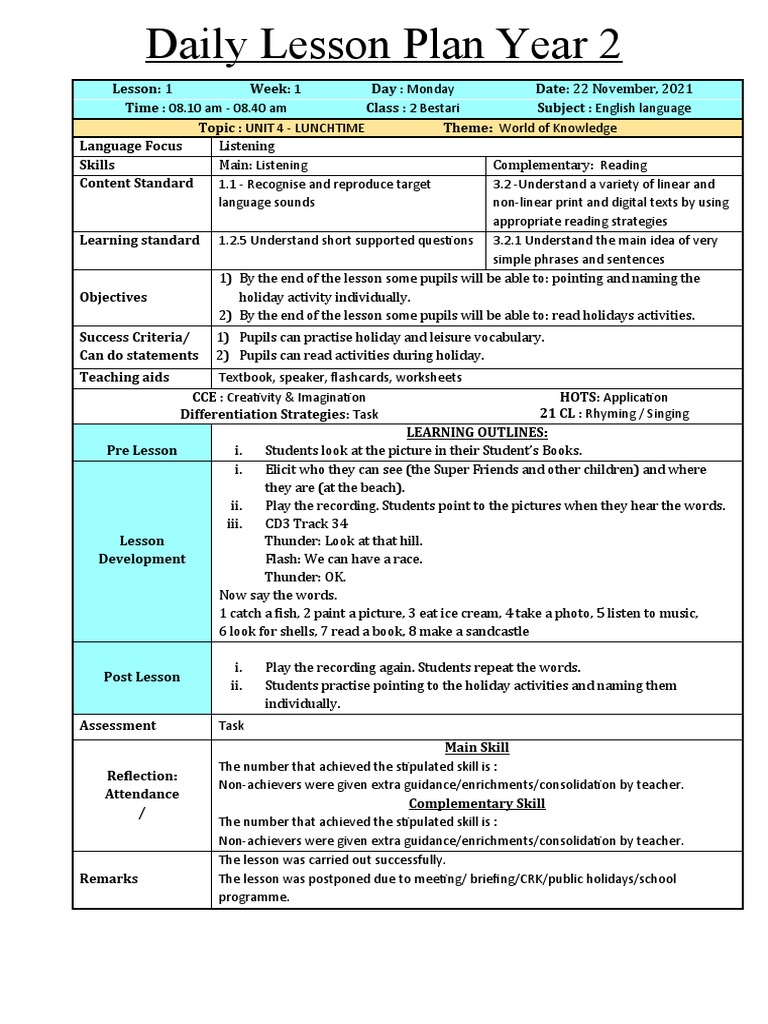 Daily Lesson Plan Y1 Y2 Y3 2021 | PDF | Lesson Plan | Teachers