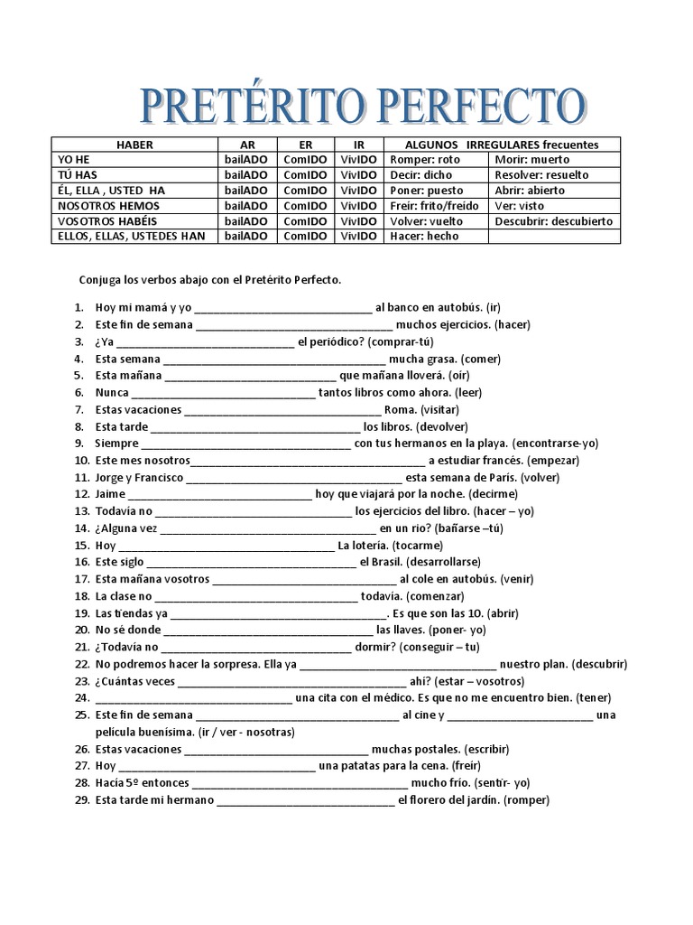 Preterito Perfecto Actividades y Juegos Ejercicios de Gramatica Guias ...
