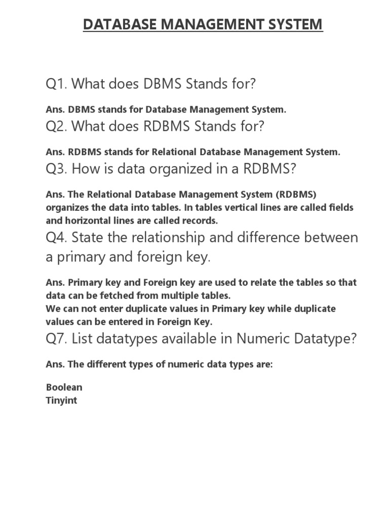 DBMS Questions-Answers | PDF | Relational Database | Sql