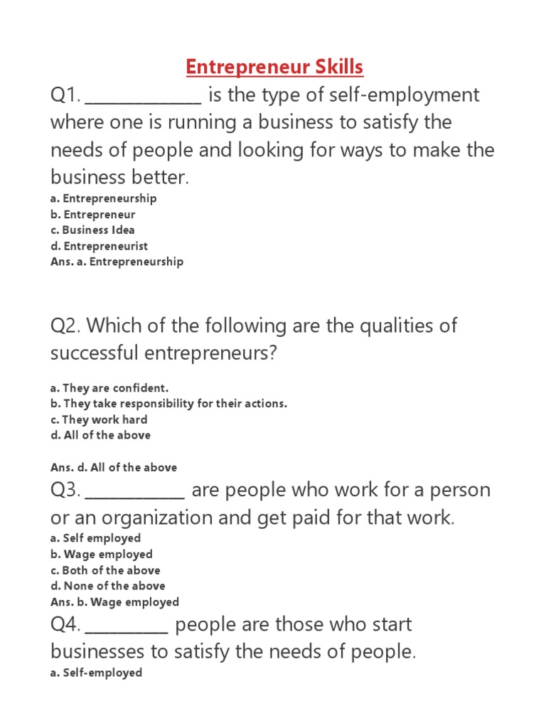 Entrepreneur Skills Questions-Answers | PDF | Entrepreneurship | Social ...