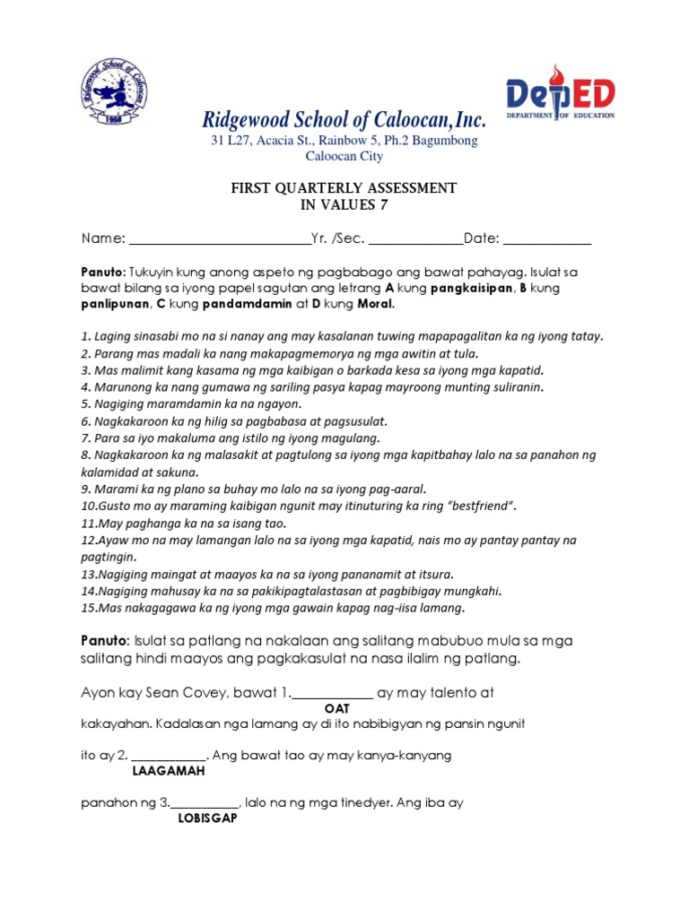 1st-Quarter Exam in Values 7 (F) | PDF