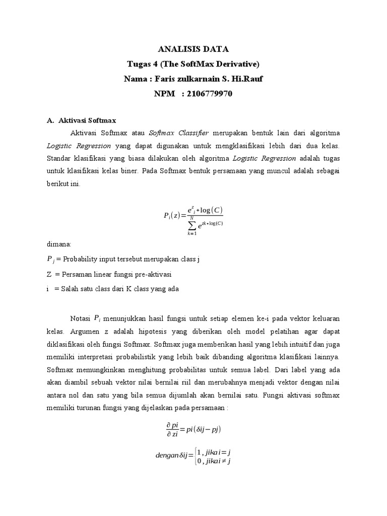 Faris Zulkarnain - Tugas 4 The SoftMax Derivative | PDF