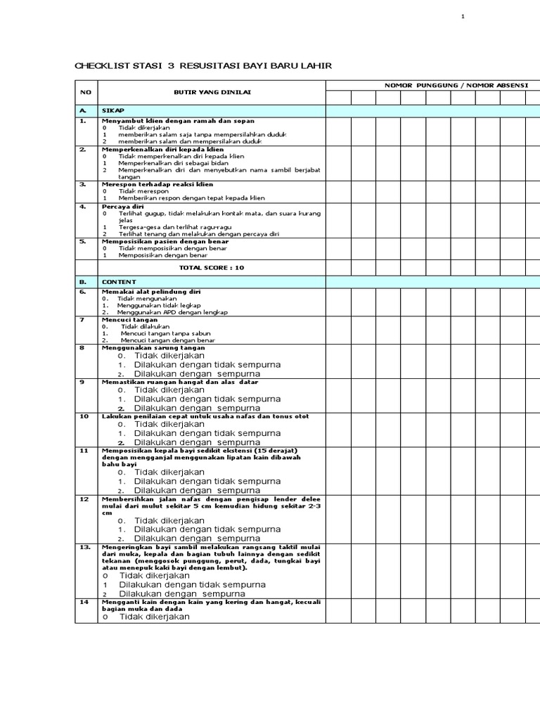 Checklist Stasi 3 Resusitasi Bayi Baru Lahir | PDF