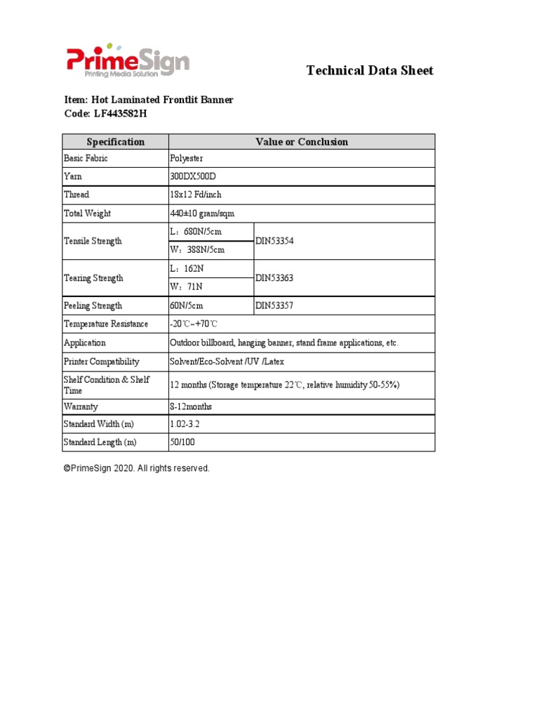 Technical Data Sheet: Item: Hot Laminated Frontlit Banner Code ...