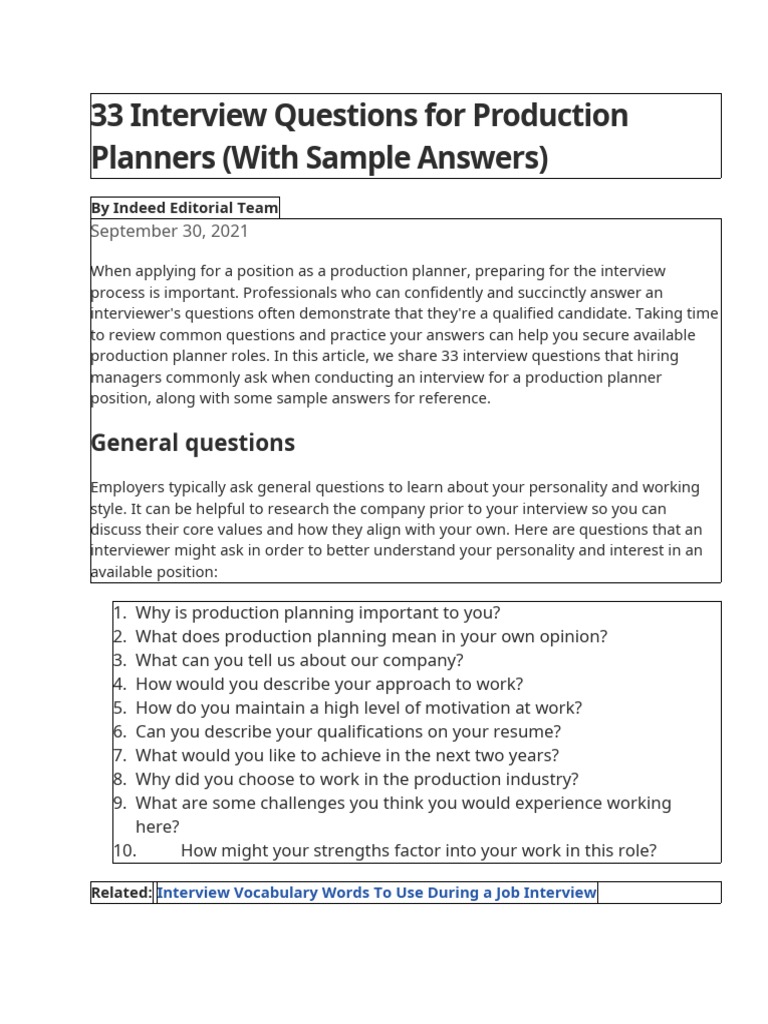 33 Interview Questions For Production Planners | Download Free PDF ...