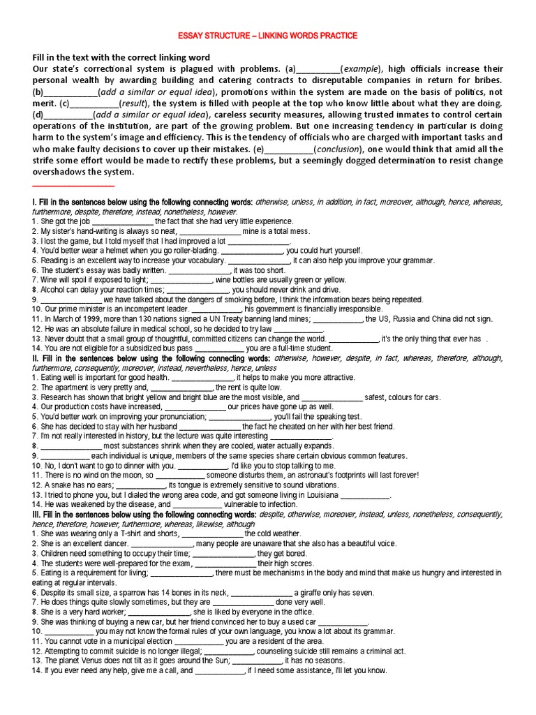 Fill in The Text With The Correct Linking Word: Essay Structure ...