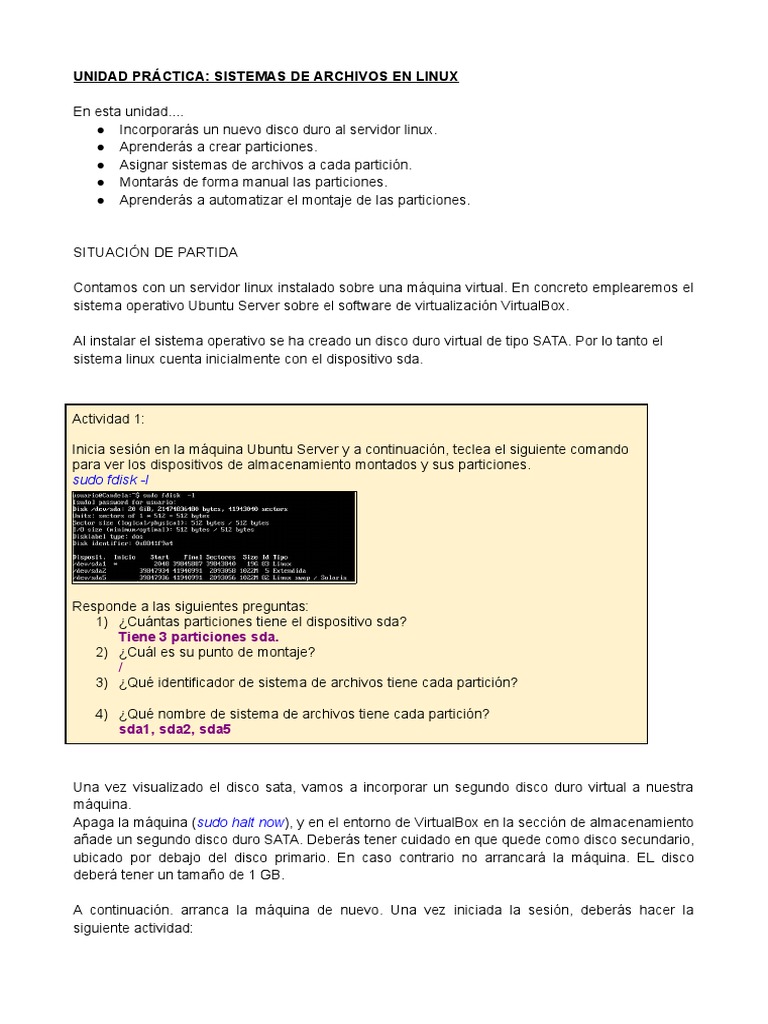 UNIDAD PRÁCTICA - Montaje de Sistema de Ficheros en Linux | PDF ...