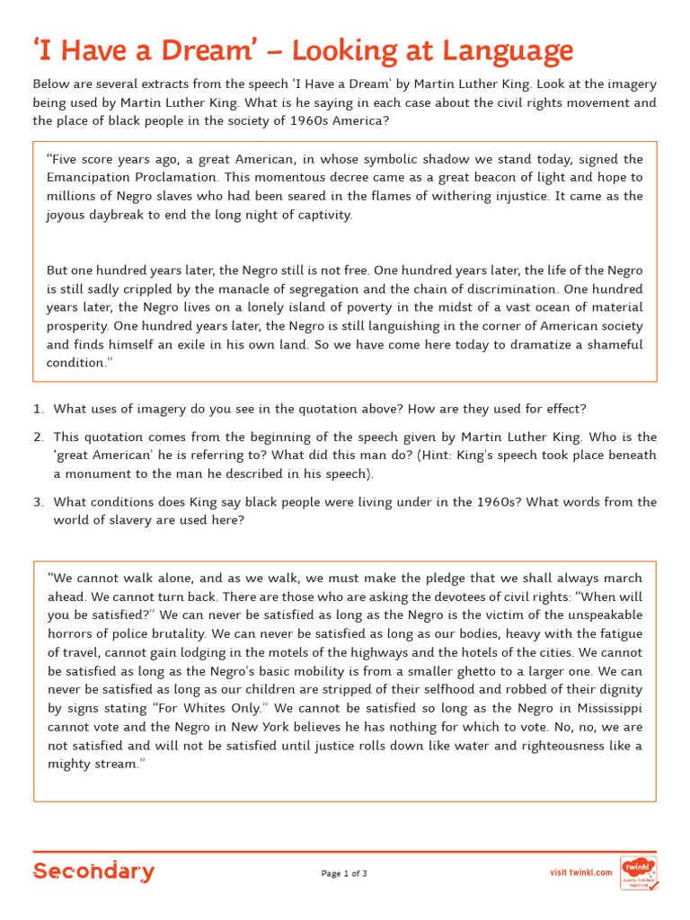 I Have A Dream - Looking at Language - Activity Sheet | PDF | Black People
