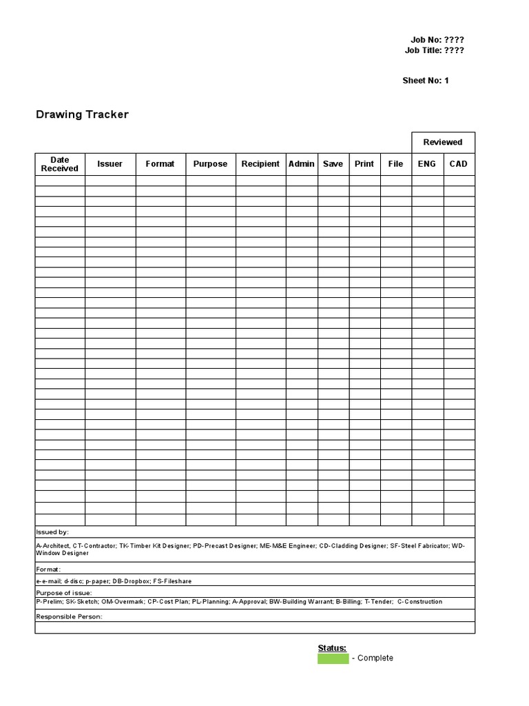 Drawing Tracker: Job No: ???? Job Title: ???? Sheet No: 1 | PDF