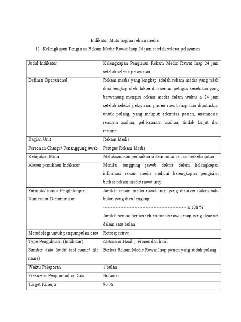Indikator Mutu Bagian Rekam Medis | PDF