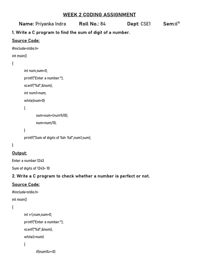 Week 2 Coding Assignment Name Priyanka Indra Roll No 84 Dept Cse1