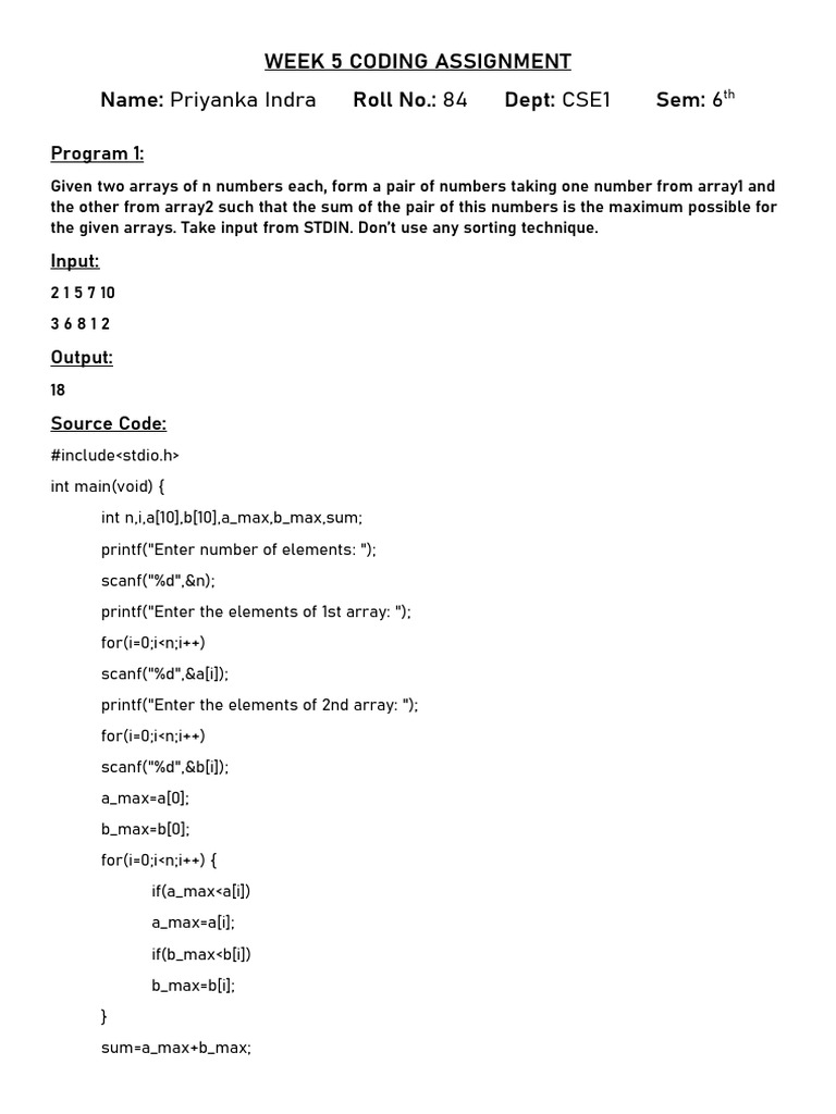 Week 5 Coding Assignment Name Priyanka Indra Roll No 84 Dept Cse1 Sem 6 Pdf Array Data 2686
