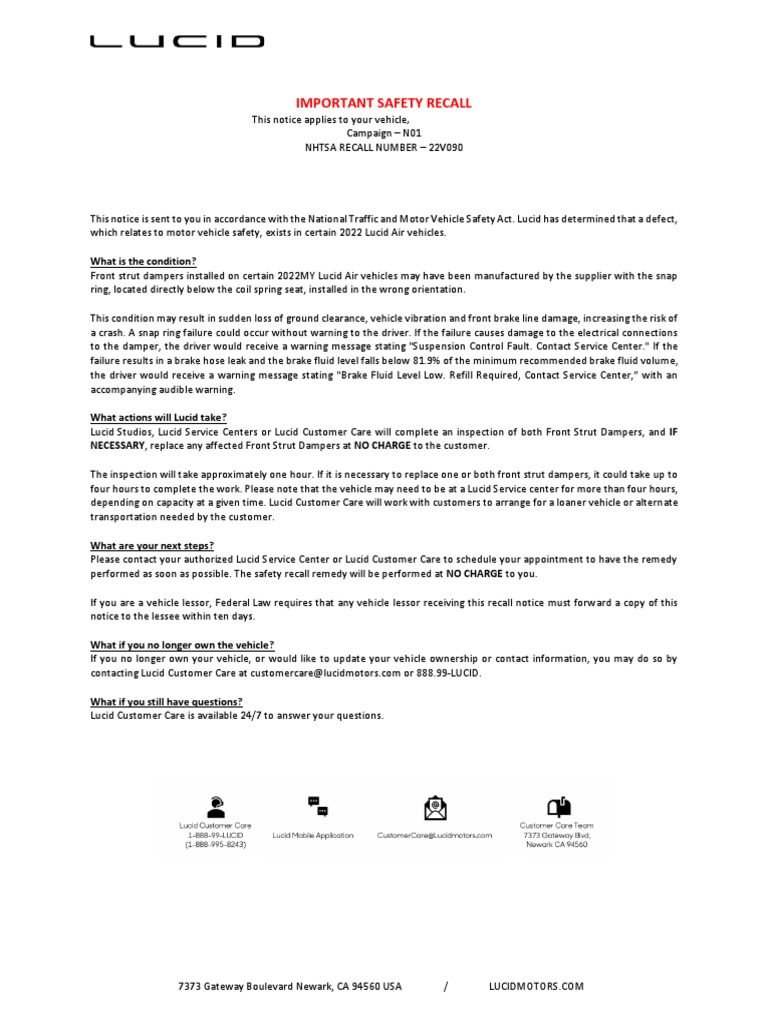 Lucid Air Recall 22v090 | PDF | Vehicles | Lease