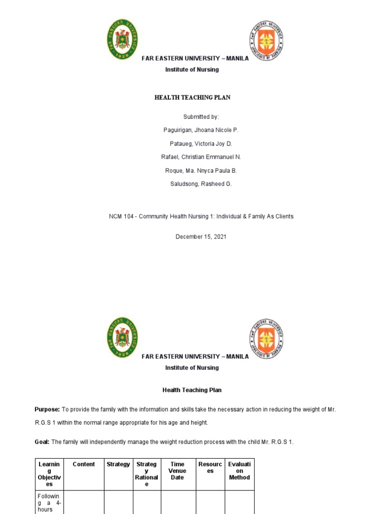 Health Teaching Plan Pdf Obesity Learning