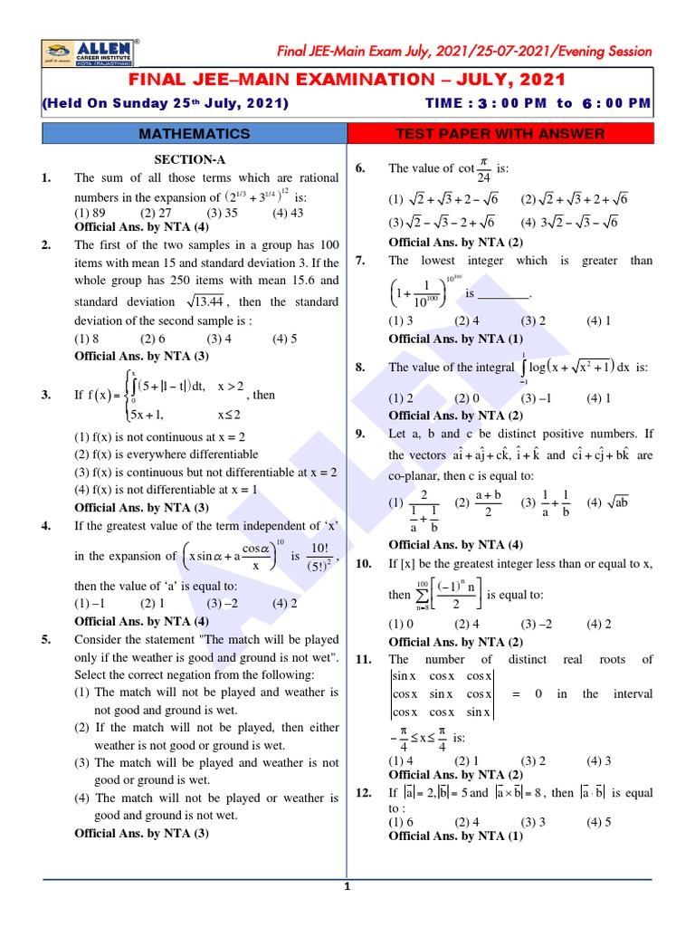 Allen: Final Jee-Main Examination - July, 2021 | Download Free PDF ...