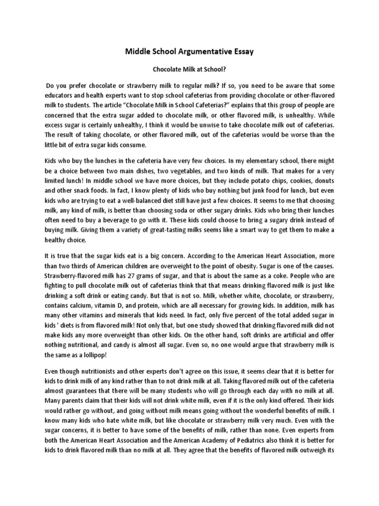 Middle School Argumentative Essay: Chocolate Milk at School? | PDF ...