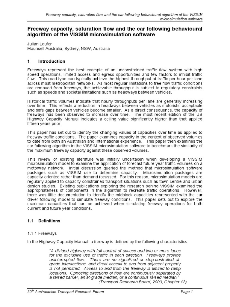 Freeway Capacity, Saturation Flow and The Car Following Behavioural Algorithm of The VISSIM ...