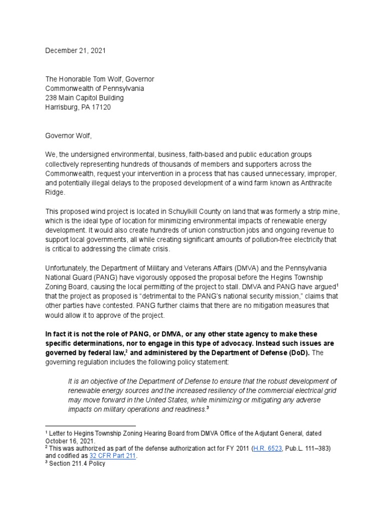 Letter To Gov. Tom Wolf | PDF | United States Department Of Defense ...