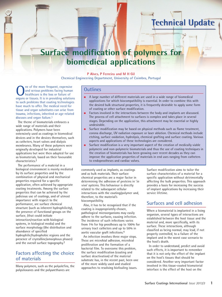 Surface Modification of Polymers For Biomedical Applications | PDF | Cell Adhesion | Polymers