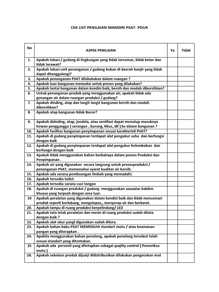 Checklist Penilaian PSAT-PDUK | PDF