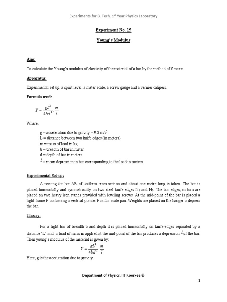 Experiment No. 15 Young's Modulus: Experiments For B. Tech. 1 Year ...