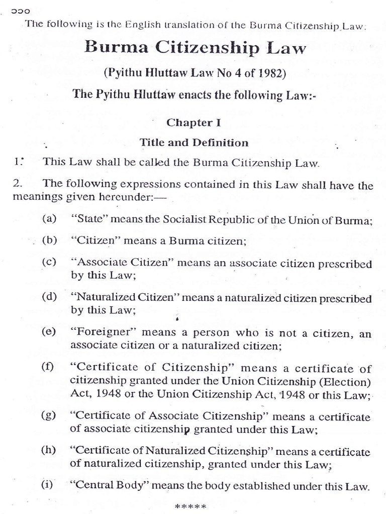 1982 Myanmar Citizenship Law (ENGLISH) | PDF | Citizenship | Naturalization