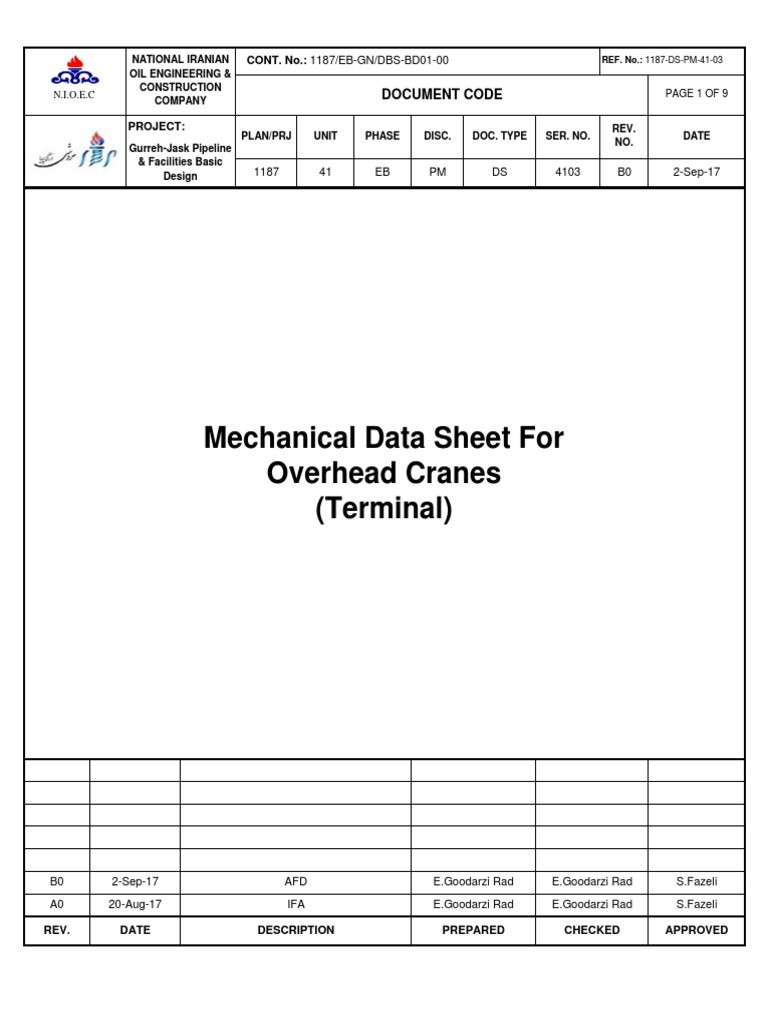 Mechanical Data Sheet For Overhead Cranes (Terminal) : Document Code ...