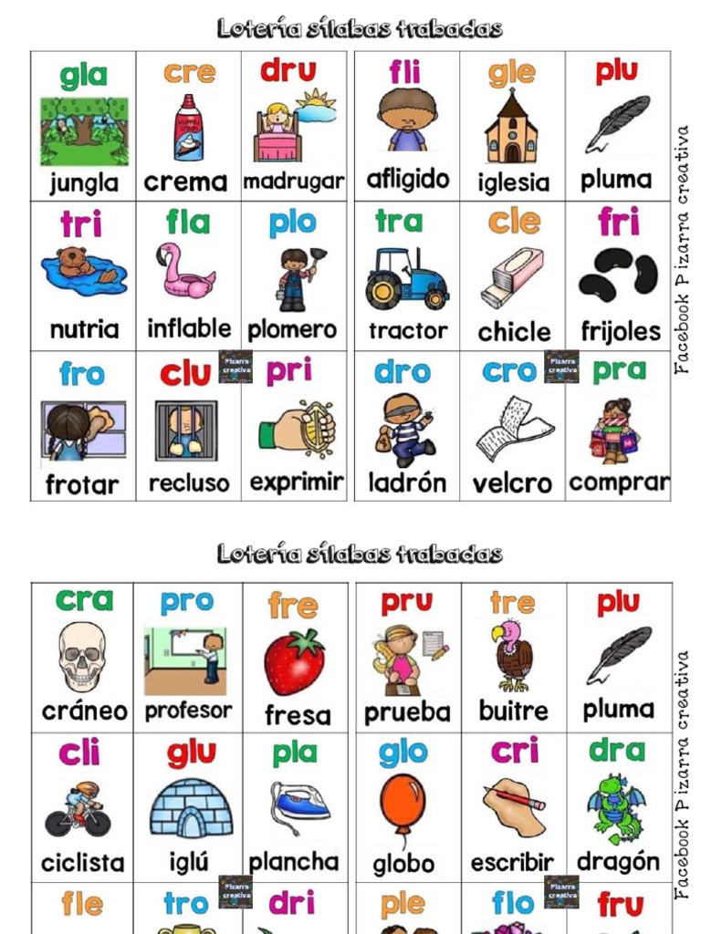 Lotería de sílabas trabadas imprimible | PDF