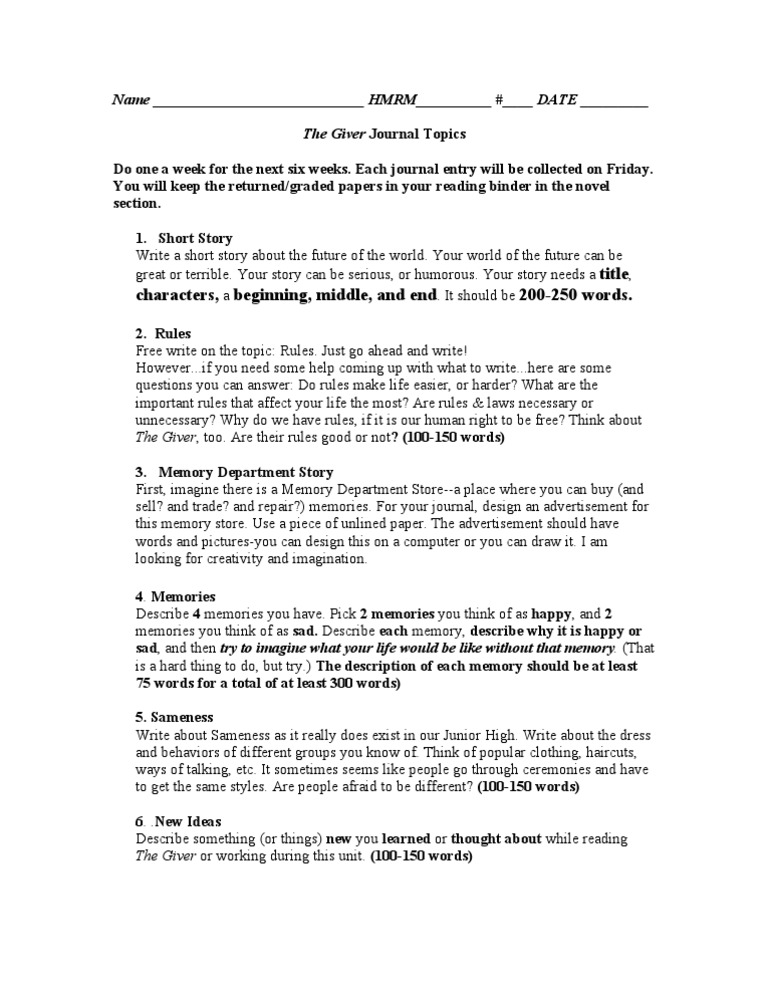 The Giver Journal Topics | PDF | Memory | Cognition