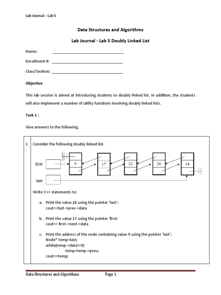 Data Structures and Algorithms Lab Journal - Lab 5 Doubly Linked List | PDF | Information ...