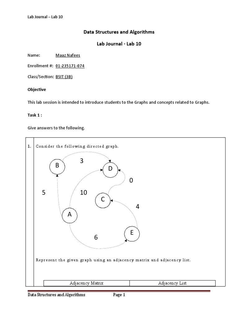Data Structures And Algorithms Lab Journal Lab 10 Pdf Vertex Graph Theory Mathematical