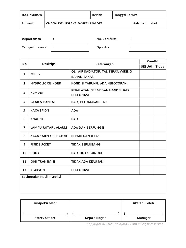Form Check List Inspeksi Wheel Loader | PDF