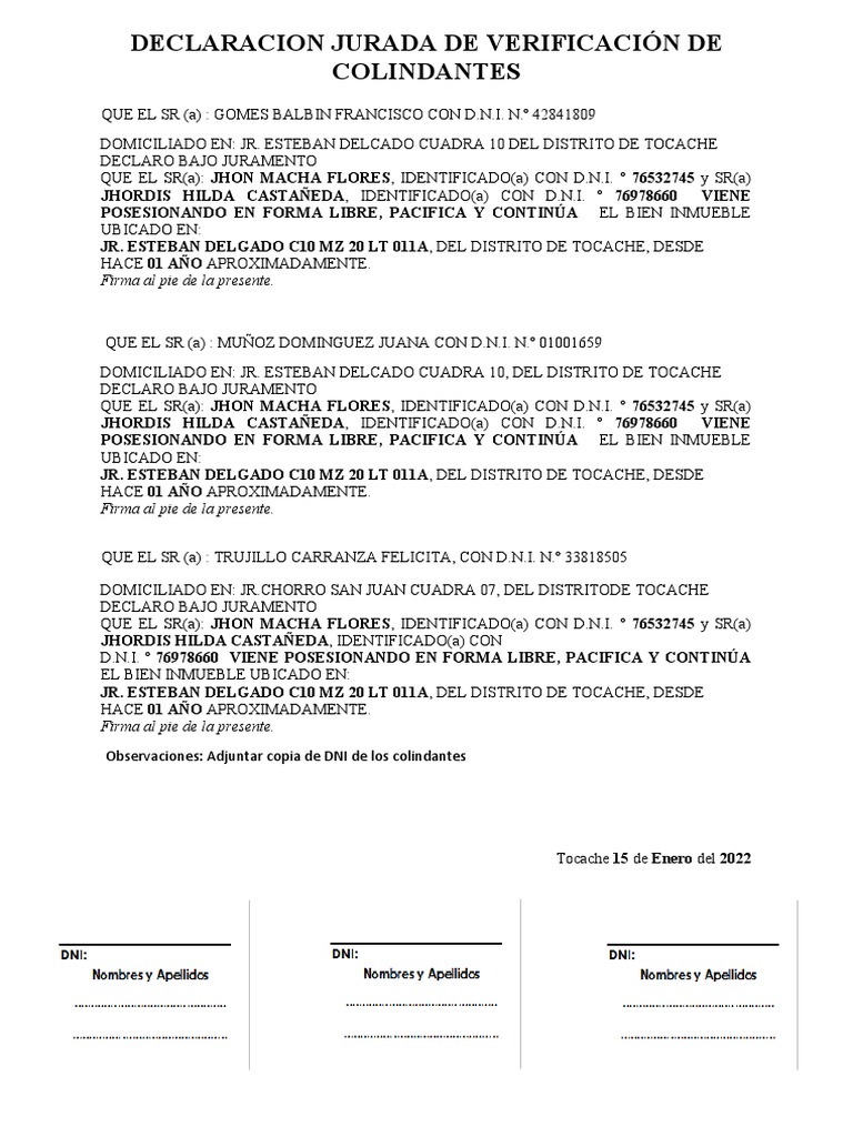 Acta de Verificacion de Colindantes de Certificado de Posesion | PDF