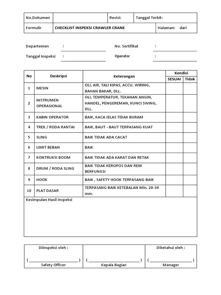 Form Check List Inspeksi Crawler Crane | PDF