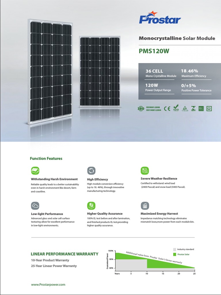 Monocrystalline Solar Panel 120W PMS120W Datasheet | PDF | Solar Panel ...